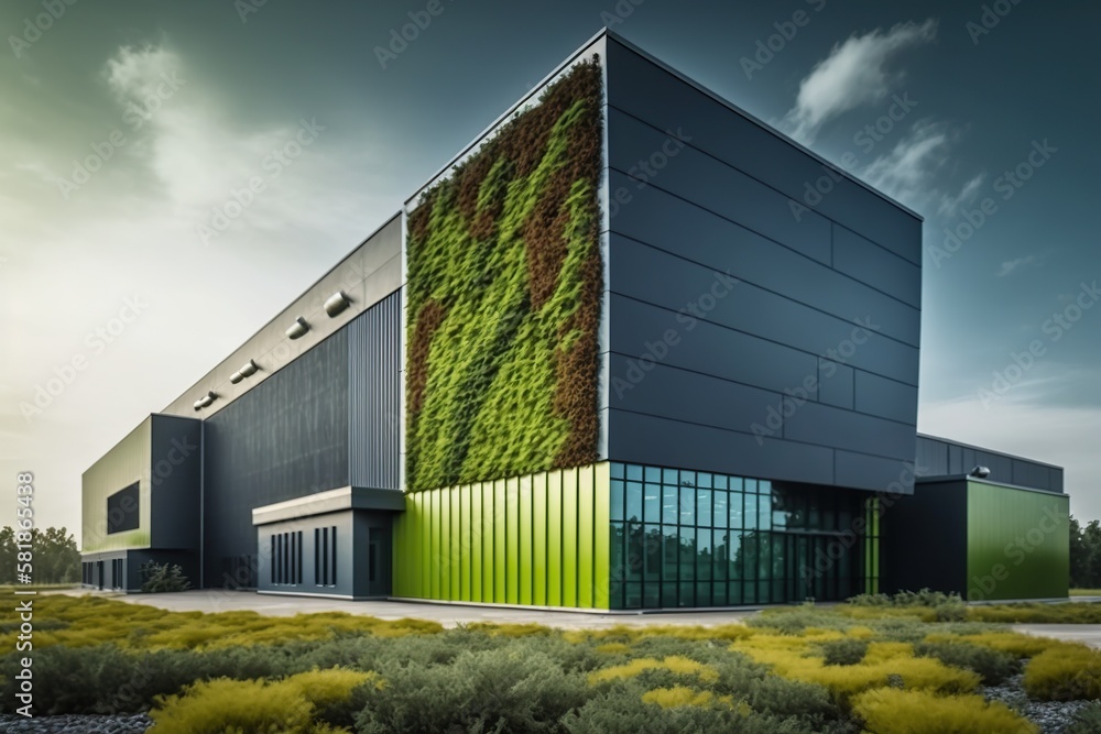 Factory building with a green roof or living wall showcasing its ...