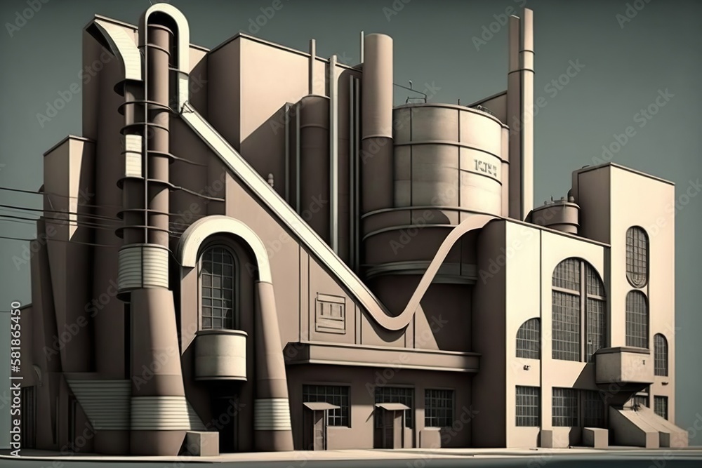 Factory building with a unique asymmetrical design featuring unusual ...