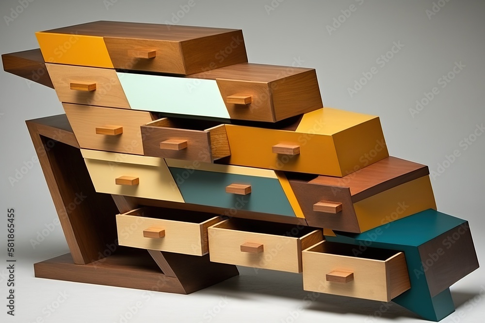 Dresser with a unique asymmetrical design featuring varied sizes of ...