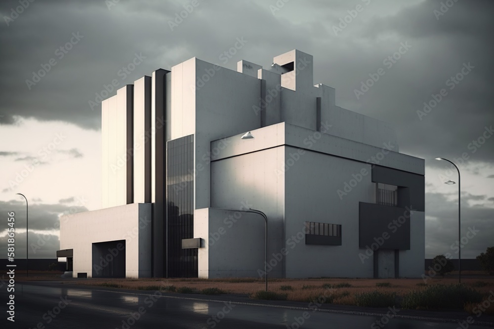 Factory building with a futuristic minimalist design characterized by ...