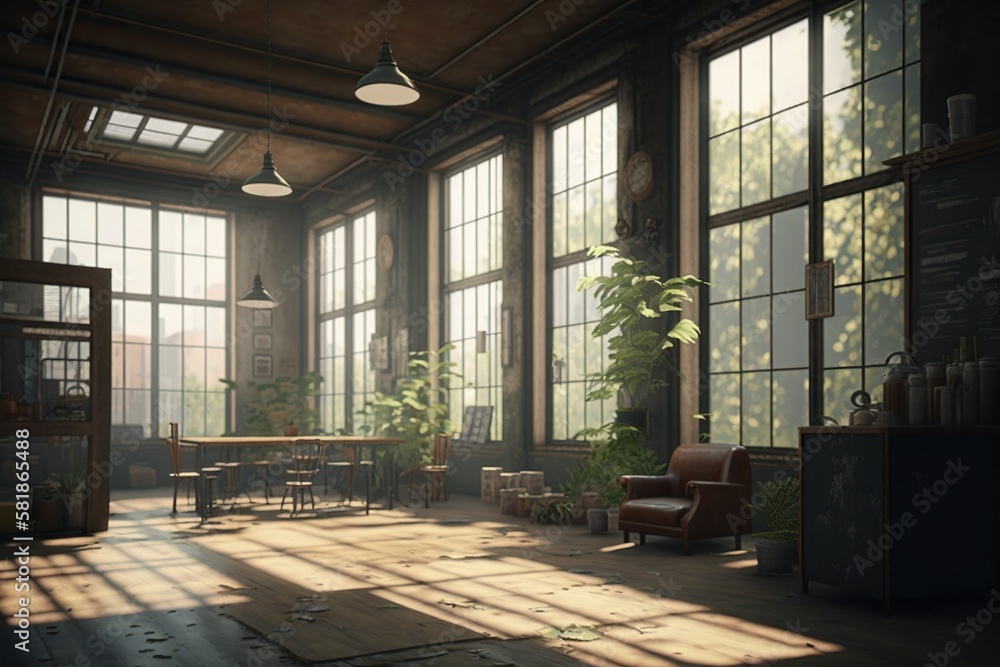 Factory building with an open - concept layout featuring large windows ...