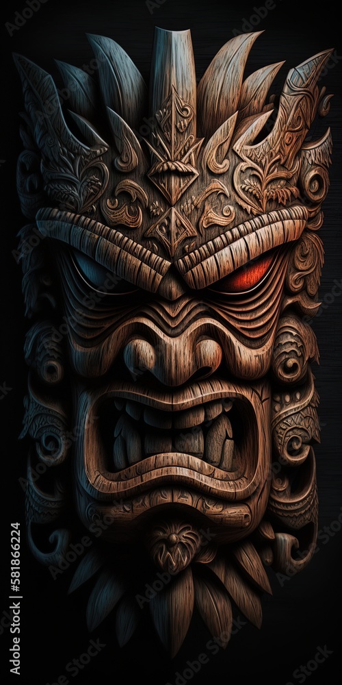 Wooden tiki mask depicting a malevolent god, superimposed on a black ...