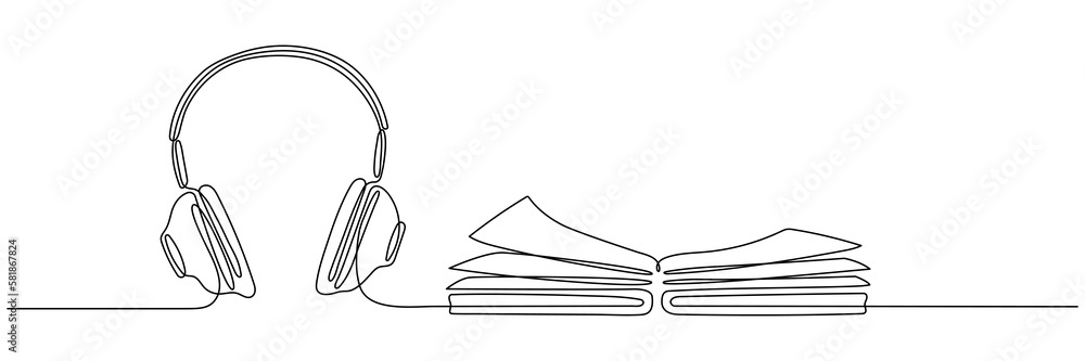 Book with headphones continuous line drawing. Audio reading linear ...