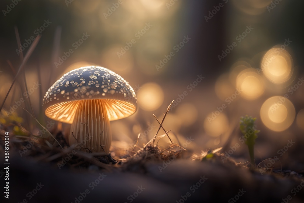 Macro shot of a delicate mushroom growing on a forest floor with ...