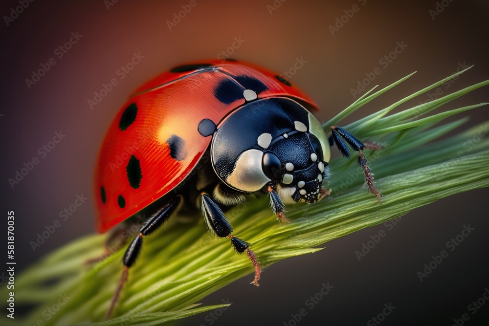 Macro shot of a ladybug crawling on a blade of grass with the vibrant ...