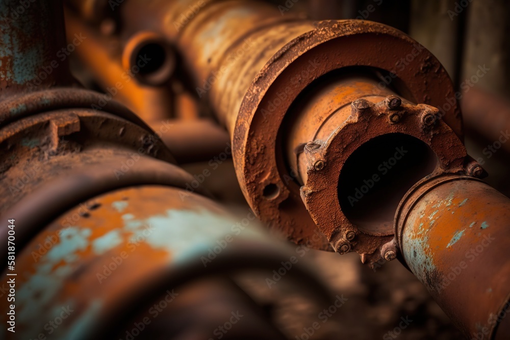 Macro shot of rusted metal pipes in an old abandoned factory, concept ...