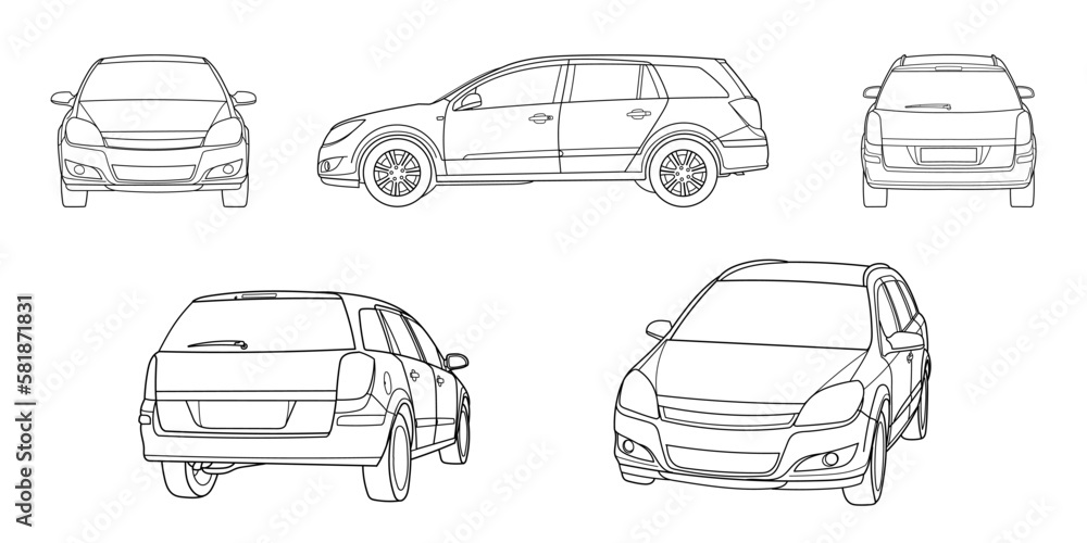 Set of classic station wagon. Different five view shot - front, rear ...