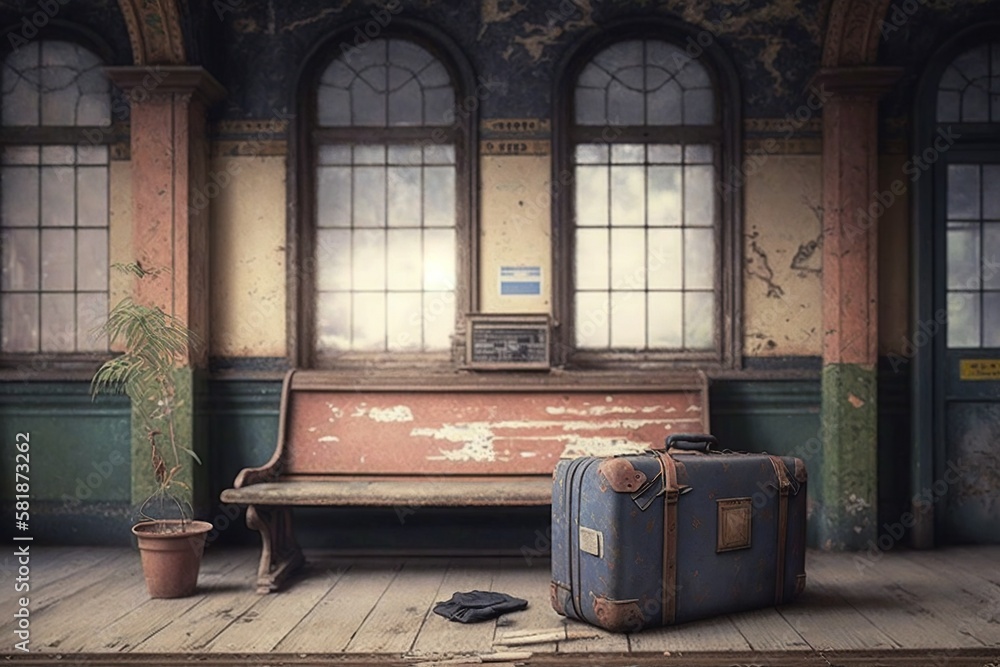 Old train station with peeling paint cracked tiles and a worn wooden ...