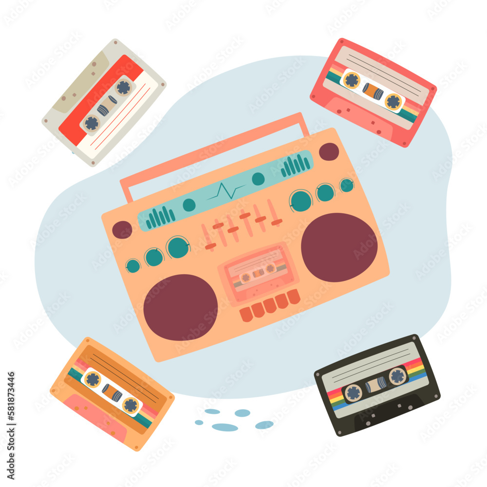 1990s music. Vibrant boombox and tapes isolated. Audio recorder retro ...