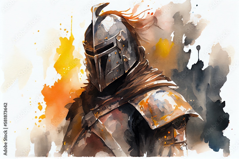 Watercolor Illustration of a A Fantasy Rnr Knight In Plate Heavy Armor ...