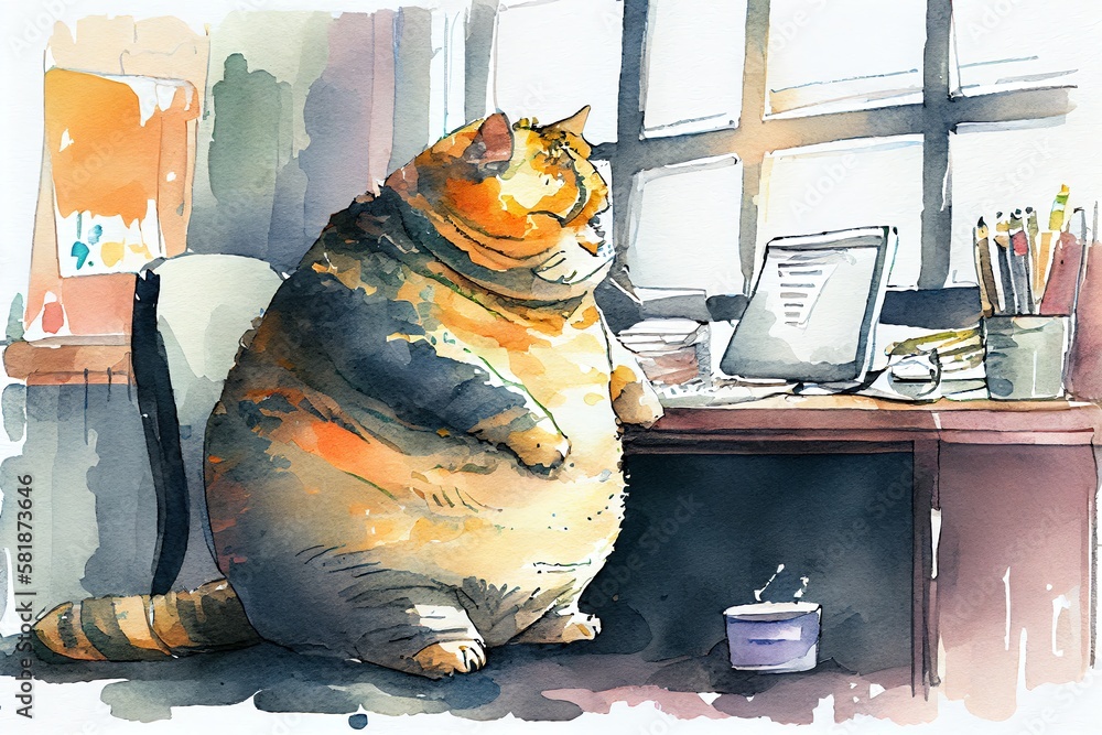 Watercolor Illustration of a A Fat Cat Is Sitting At The Office Table ...