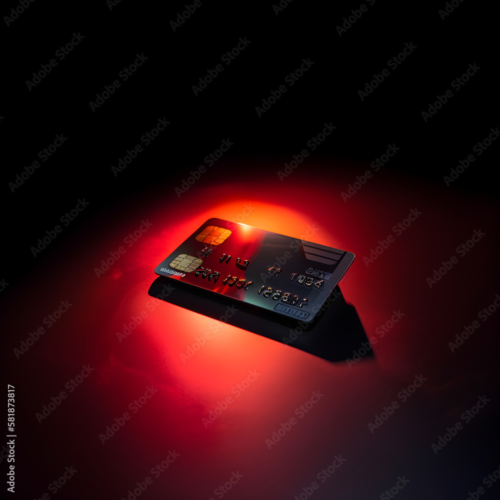 Credit bank card illuminated with red light, dark background ...