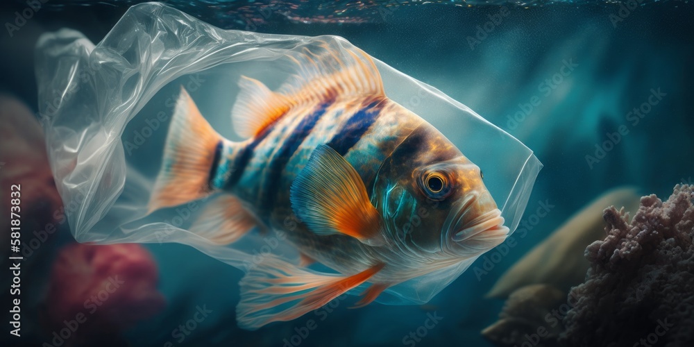 tropical fish swimming with plastic bag. Underwater animals damaged by ...