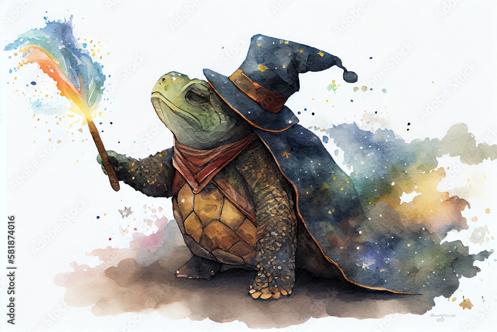 Watercolor Illustration of a Turtle Wearing A Wizard Hat And Casting A ...