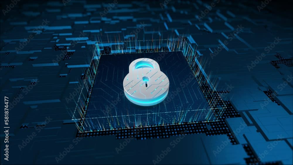 Motion graphic of 3D blue security Key logo and particles with circuit ...