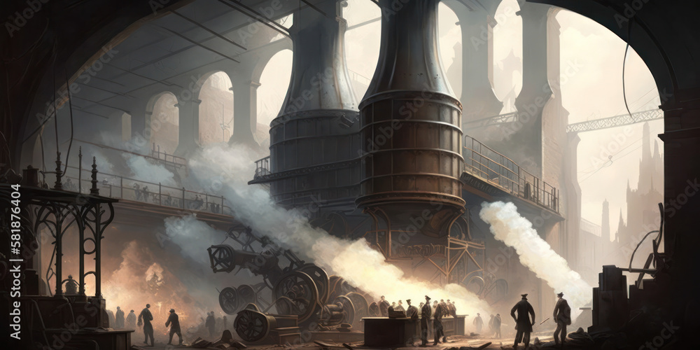 Interior of a factory filled with smoke, with workers operating large ...