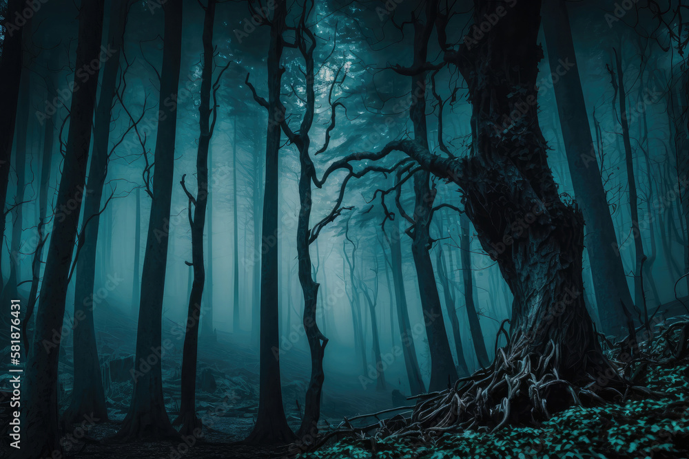 Dark rainforest sun rays through trees with dense fog digital ...