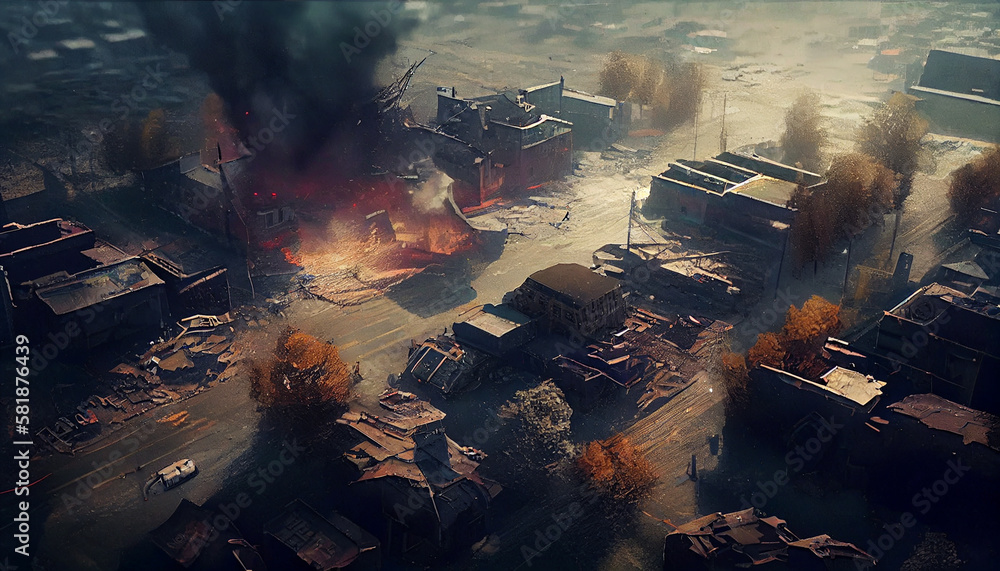 Plakat Detailed destruction of fictitious city with fires, explosion ...