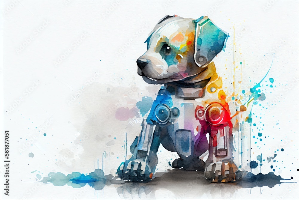 Watercolor Illustration of a Cute Robotic Puppy Isolated On Large Empty ...