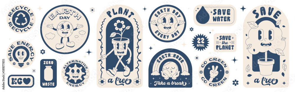 A set of retro old school stickers. Illustration of planet Earth ...