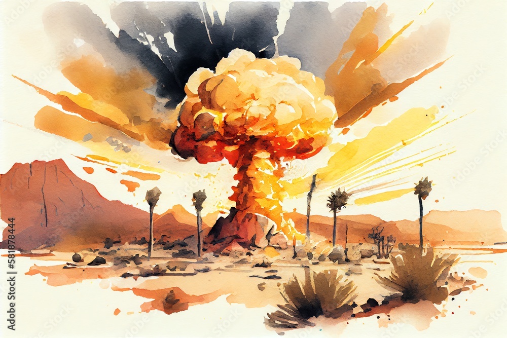 Watercolor Illustration of a Atomic Explosion In The Desert Fire Ball ...