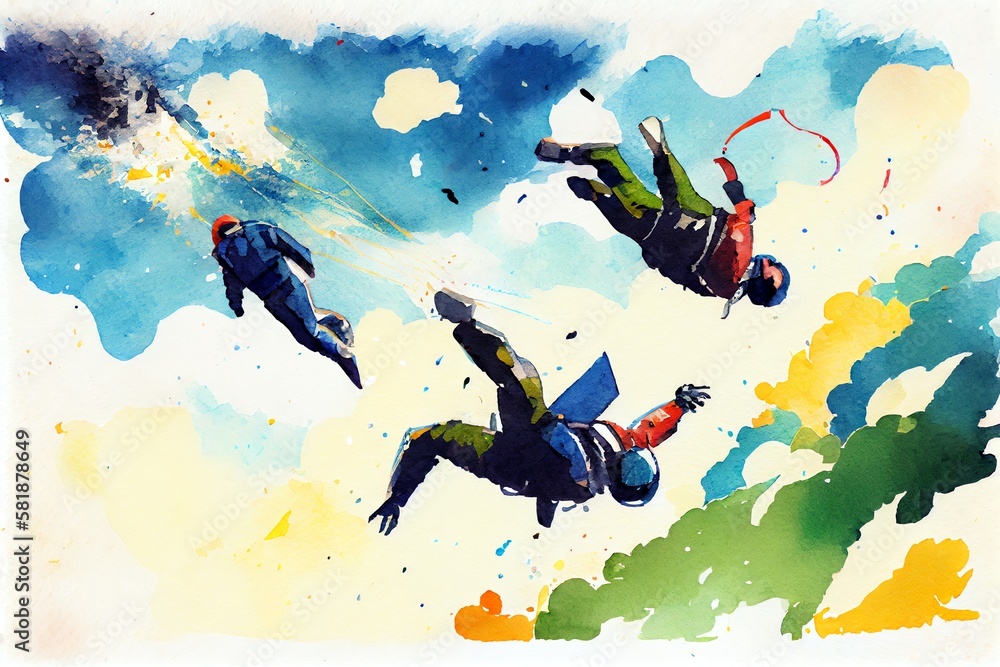 Watercolor Illustration of a Athletes Skydivers Jump From An Airplane ...