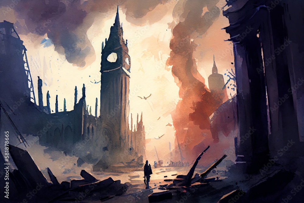Watercolor Illustration of a Apocalyptic View Of Destroyed London, Post ...