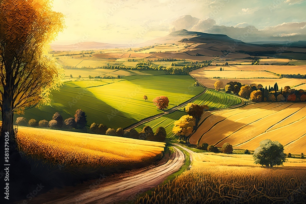 Sweeping landscape shot of a rolling countryside with the golden fields ...