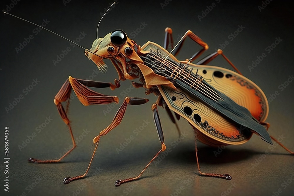 Violin with insect - like features such as a crickets legs and wings ...