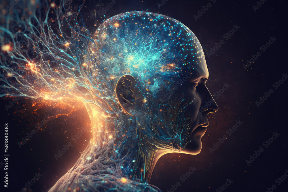 Poster Meditation concept with human head silhouette glowing esoteric ...