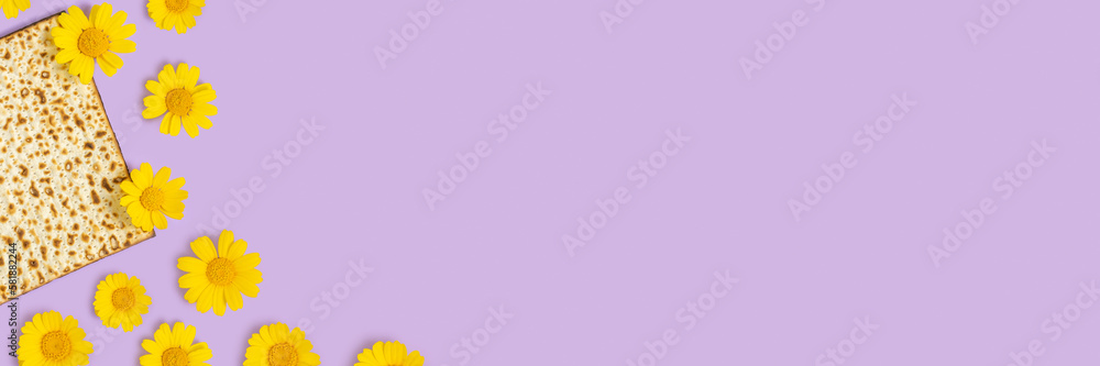 Matzah and yellow daisy for Jewish holiday Pesach on purple background ...