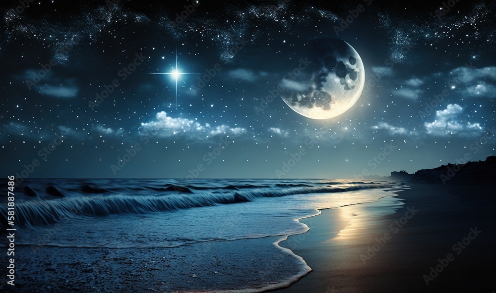 a night scene with a beach and the moon and stars in the sky above the ...