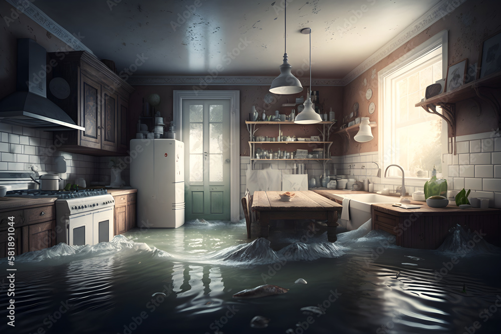 Climate change concept. Flood illustration. Flooded house inside ...