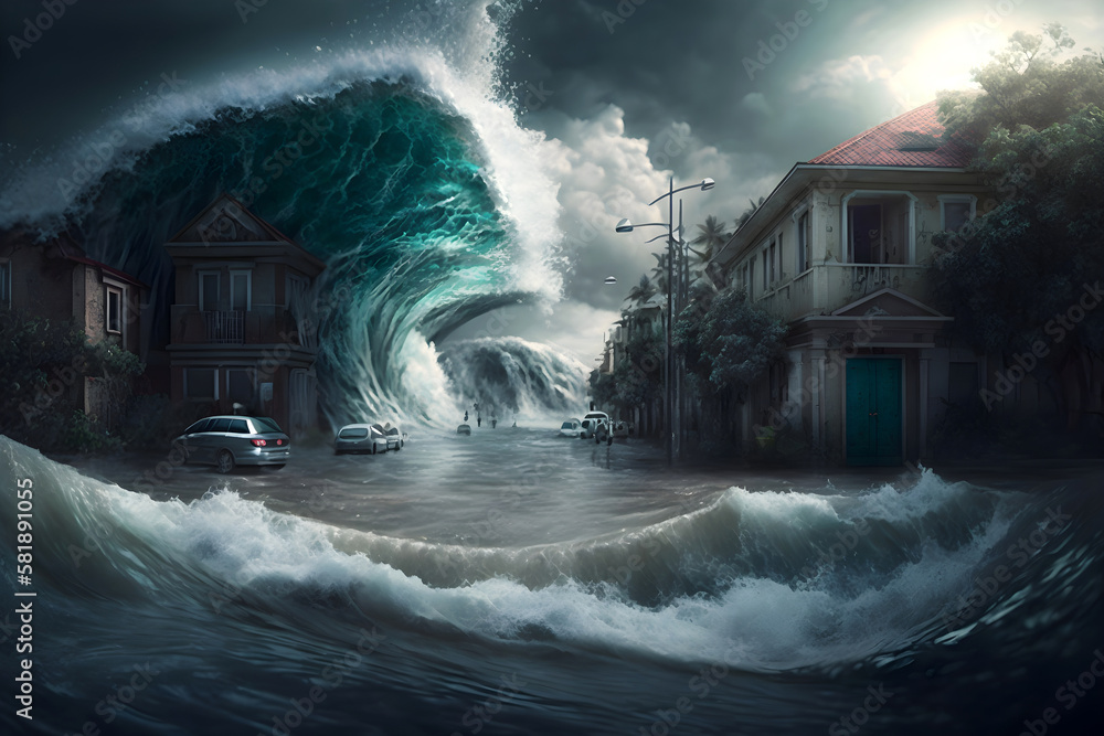 Climate change concept. Flood illustration. Flooded street in town ...