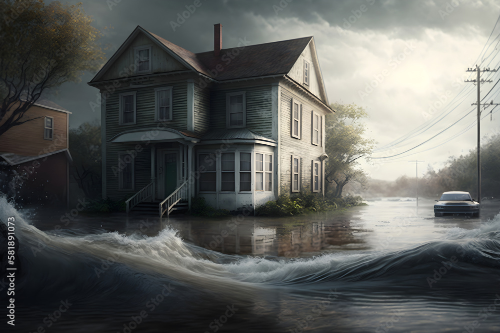 Climate change concept. Flood illustration. Flooded street in town ...