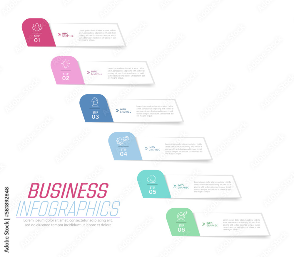 Business infographics. 6 stages of achieving the goal. Stages of the ...