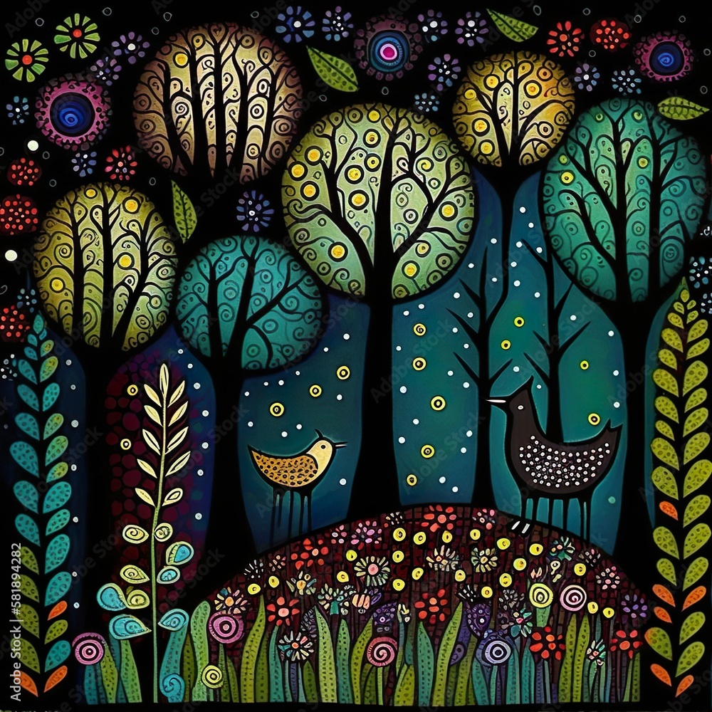 Enchanted Idyll A Whimsical Folk Art-style Fantasy Forest Painting by ...