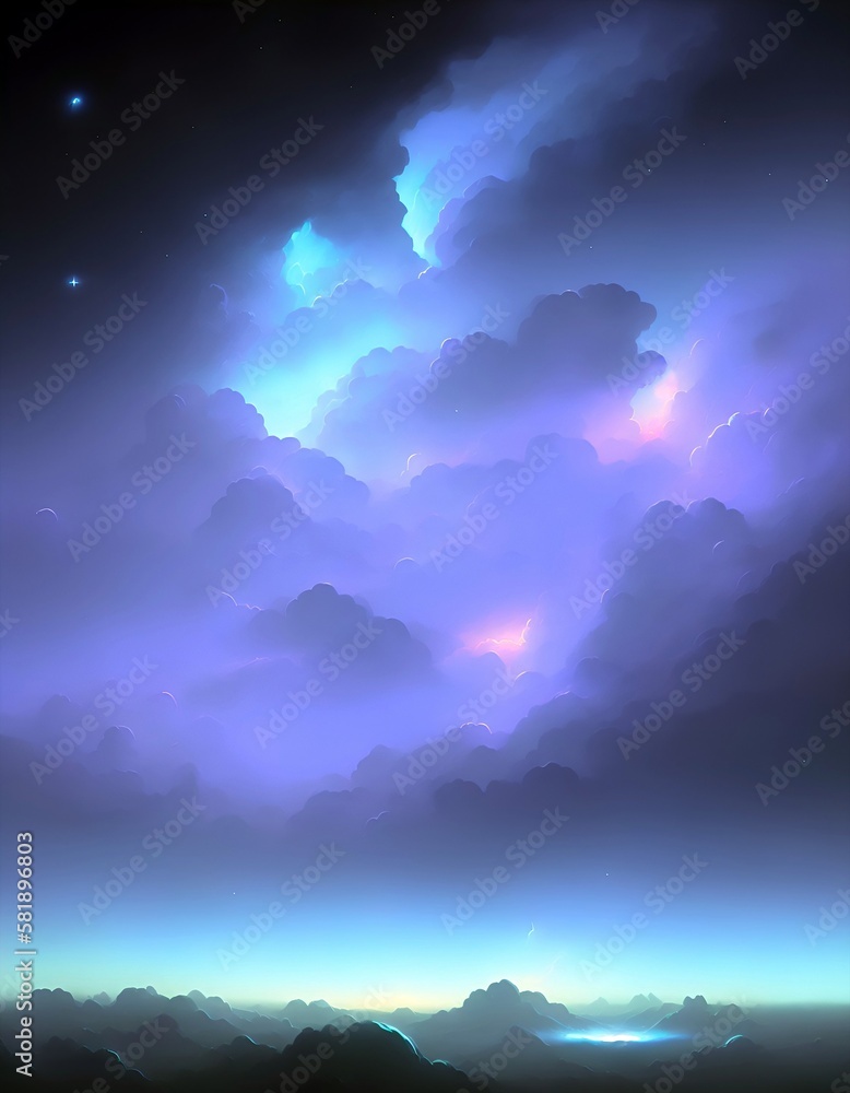 beautiful fantastic alien planet neon sky clouds seashore background ...