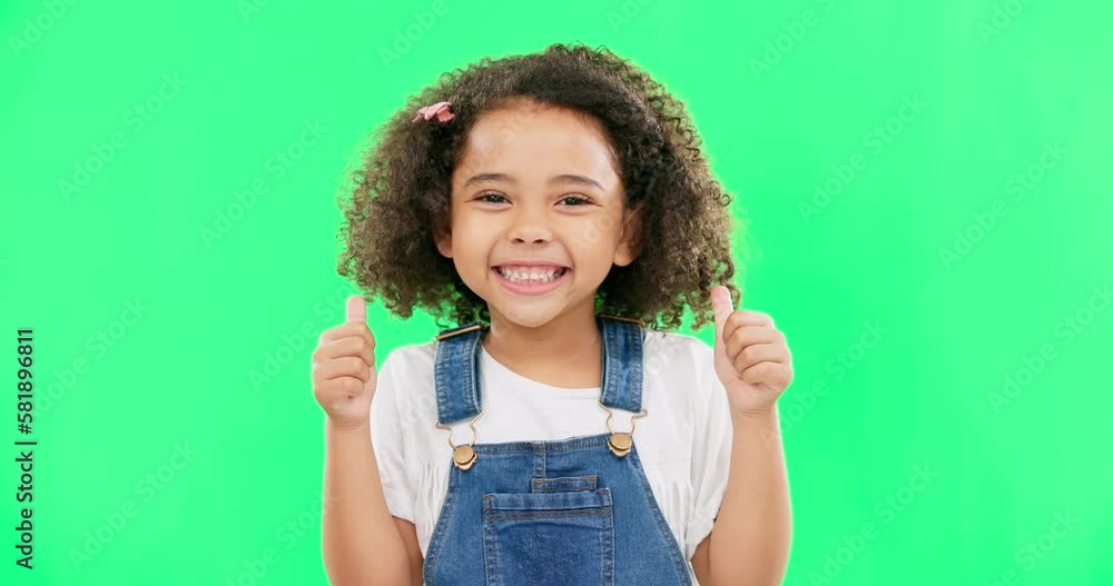 Cute, green screen and face of a child with a thumbs up isolated on a ...