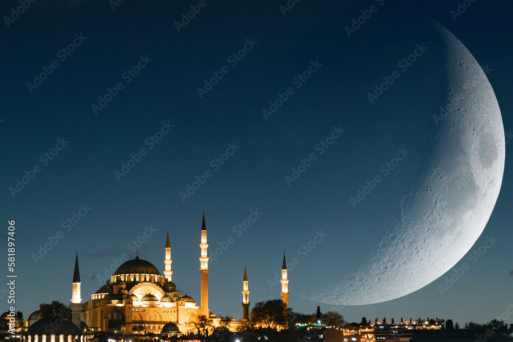 Islamic concept photo. Crescent moon with Suleymaniye Mosque Stock ...