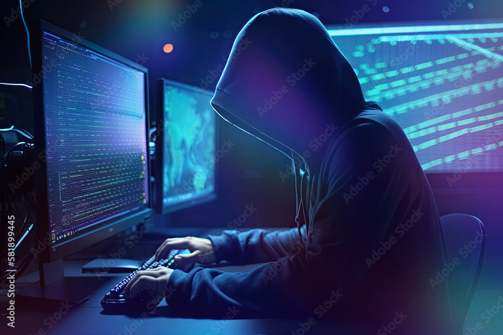 cybersecurity vulnerability Log4J and hacker,coding,malware concept.Hooded computer hacker in ...