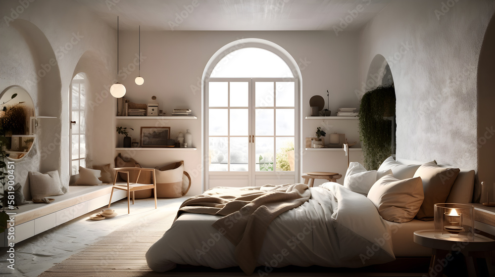 Minimalist cycladic bedroom withe white and beige color palette Stock ...