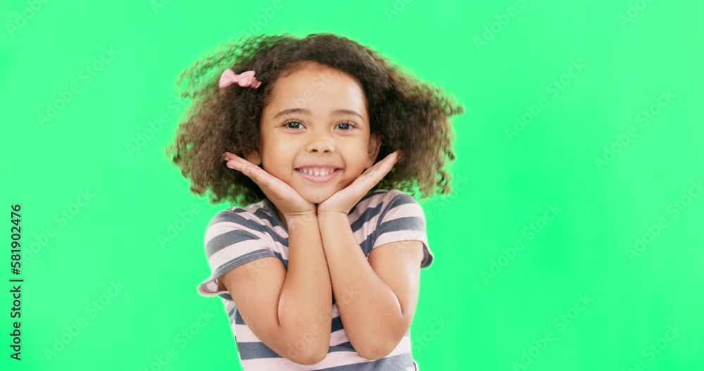 Happy, girl face and green screen with smile of cute innocent child ...