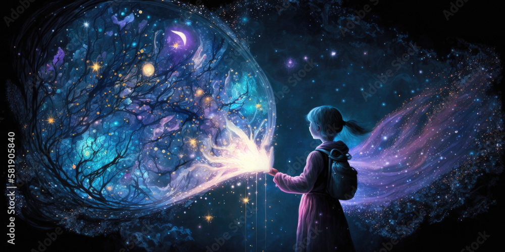 Young girl creating a magic portal of light and energy with a magic ...