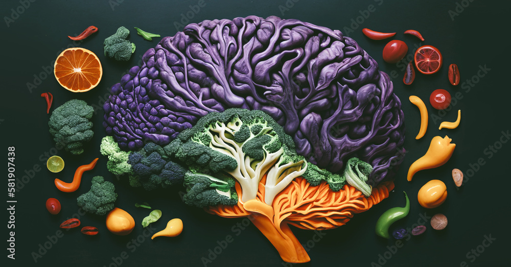Human brain made of variety of colorful vegetables and fruits, concept ...