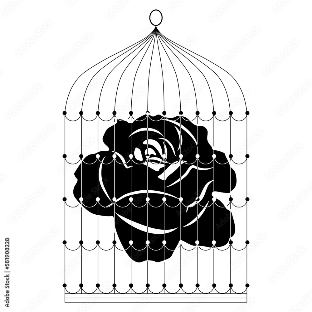 Caged rose. Rosebud blossom inside bird cage. Flower behind bars ...