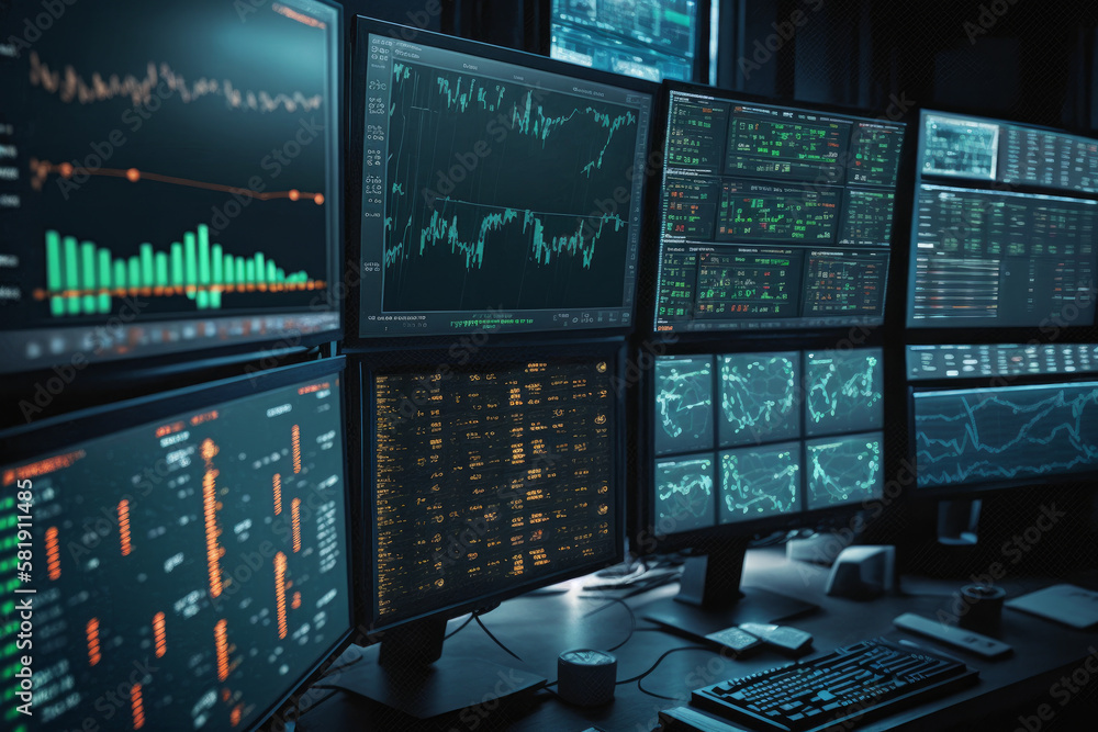 Big control center with business graphs showing key process indicators ...