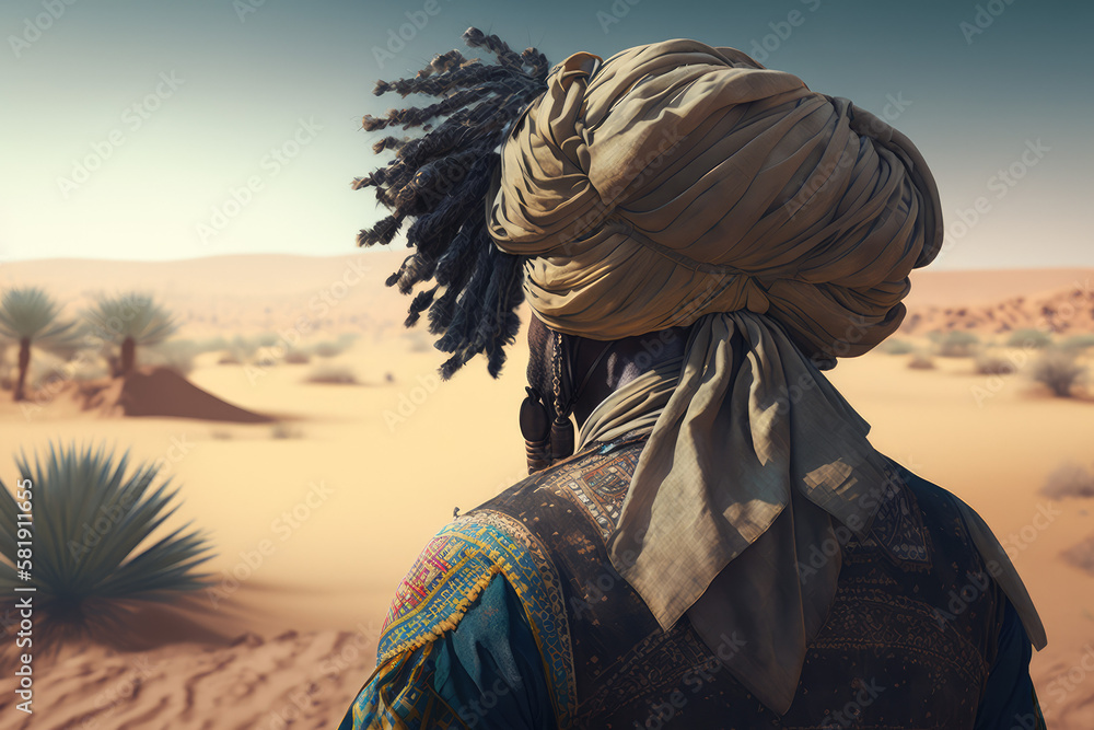 ottoman caliph wearing a turban and standing in an oasis in the desert ...