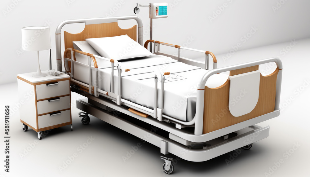 ภาพประกอบสต็อก hospital bed on wheels, bedside table with lamp and iv ...