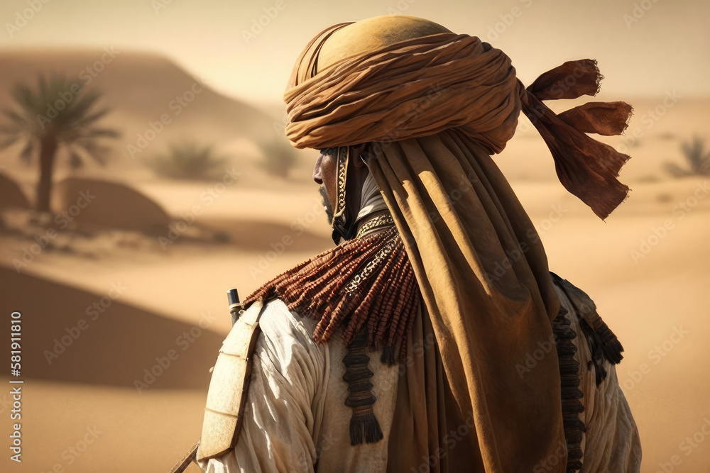 ottoman caliph wearing a turban and standing in an oasis in the desert ...